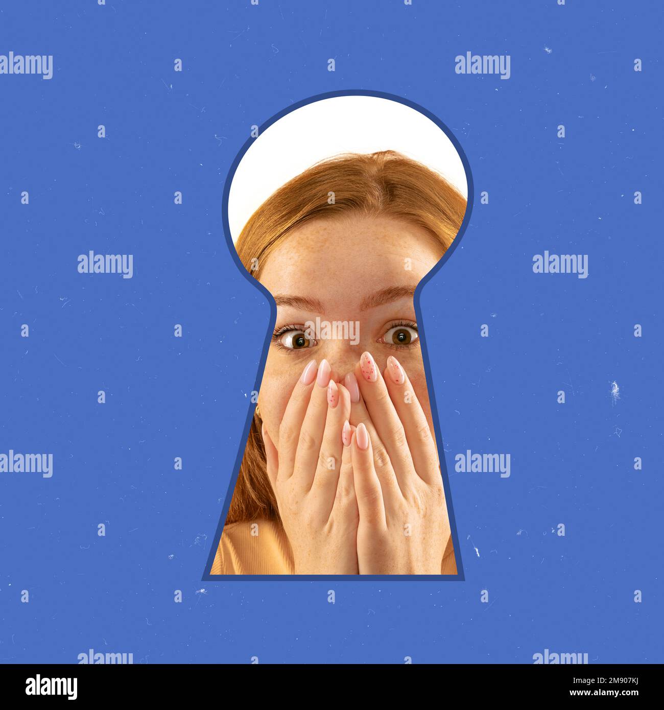 Contemporary art collage. Creative design. Young girl with shocked ...