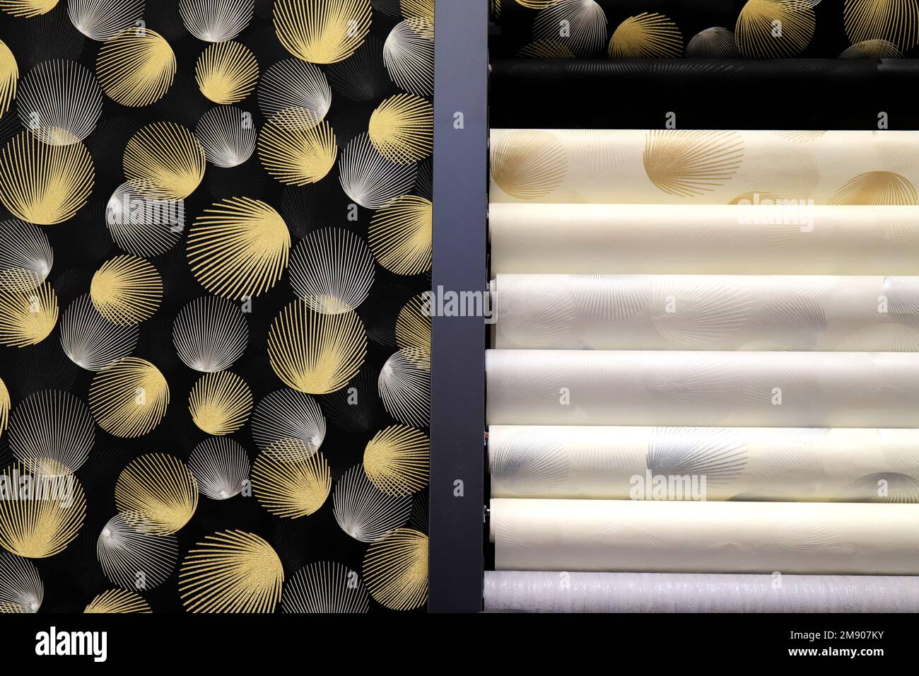 Rolls of vinyl wallpaper in building materials store. Wallpaper with ...
