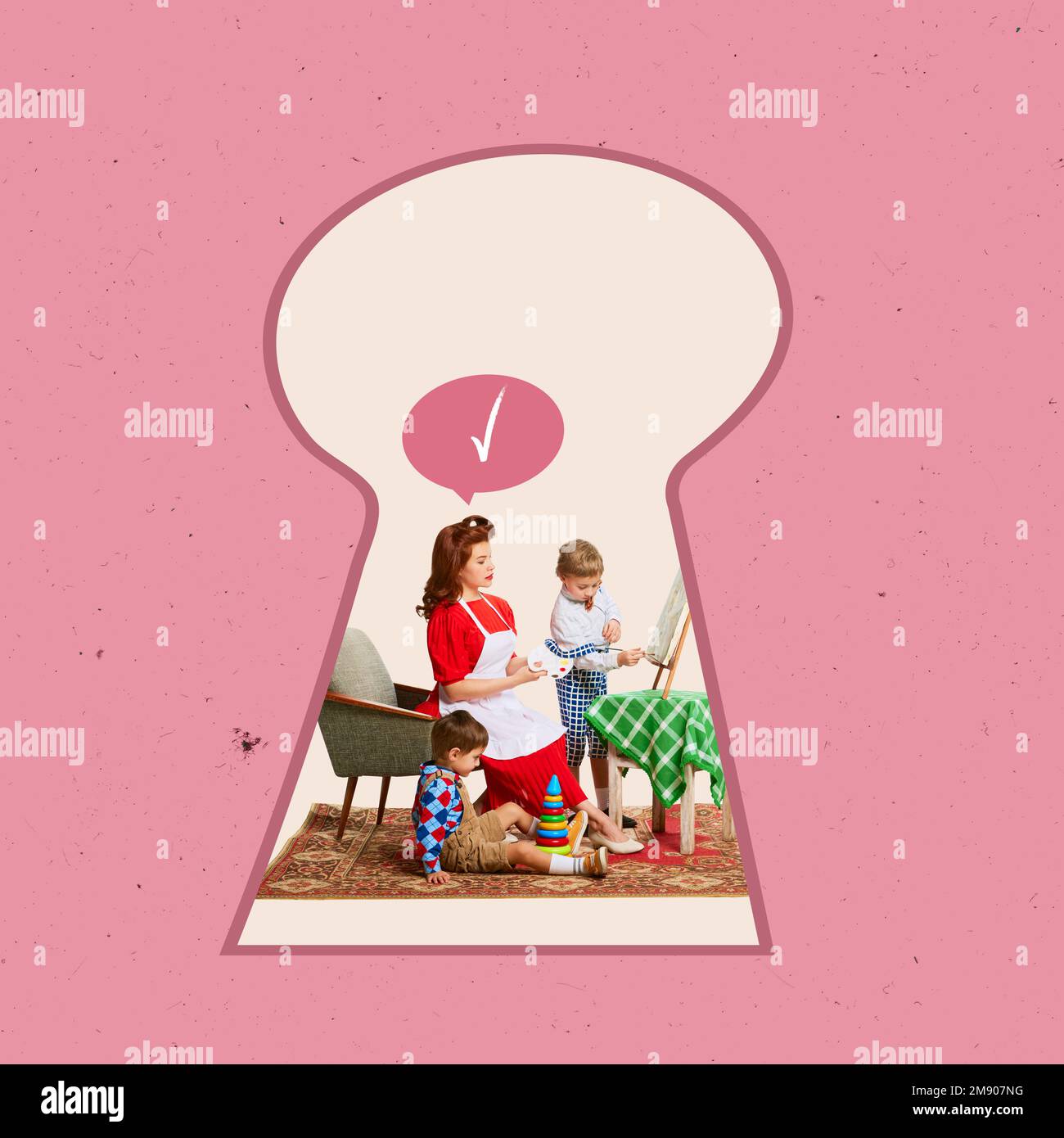 Contemporary art collage. Creative design. Young woman, mother playing ...