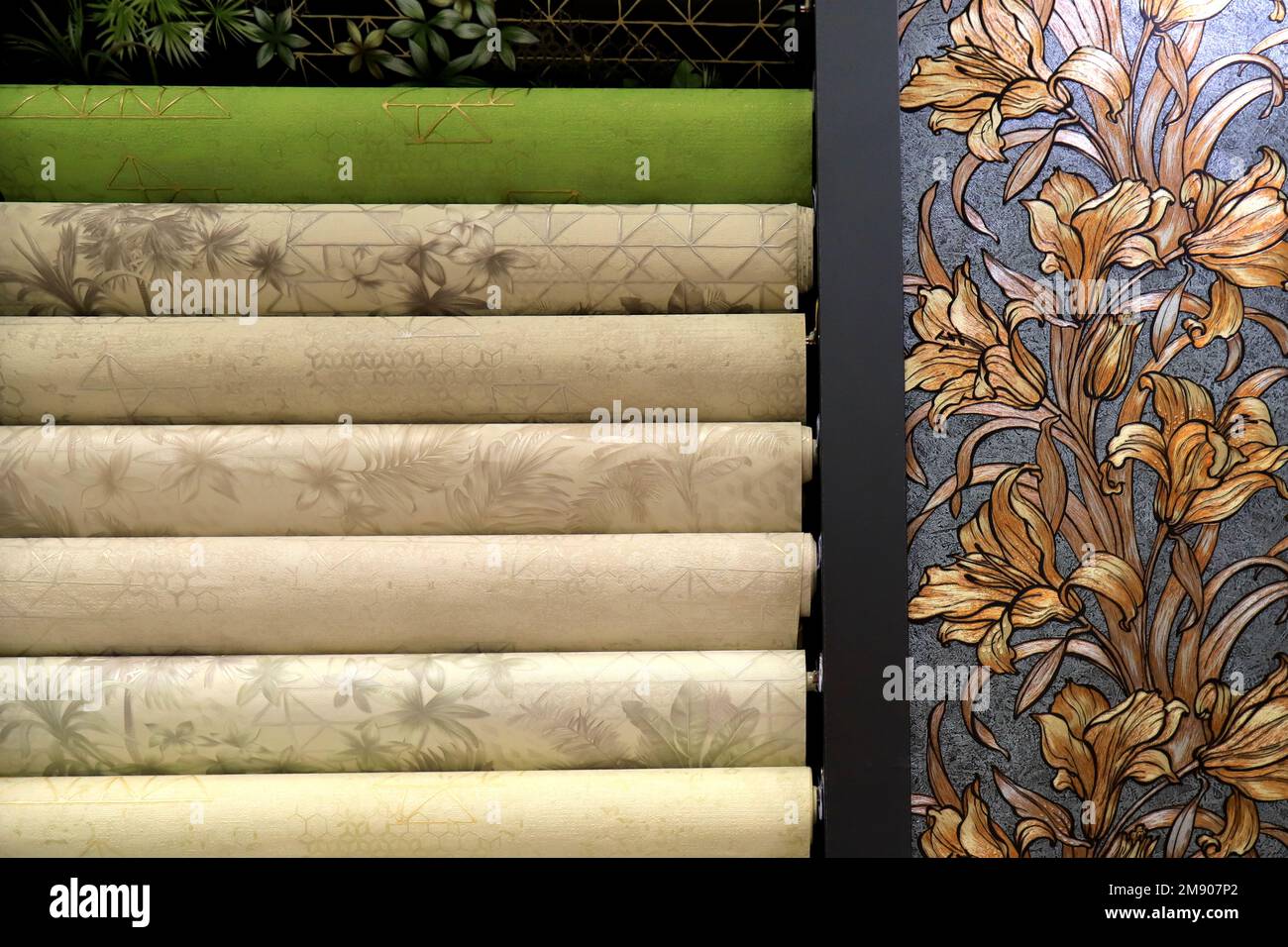 Rolls of vinyl wallpaper in building materials store. Wallpaper with ...