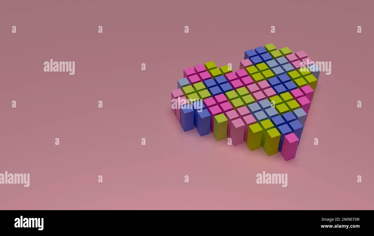 Geometric heart divided in pixel blocks over pink background Stock ...