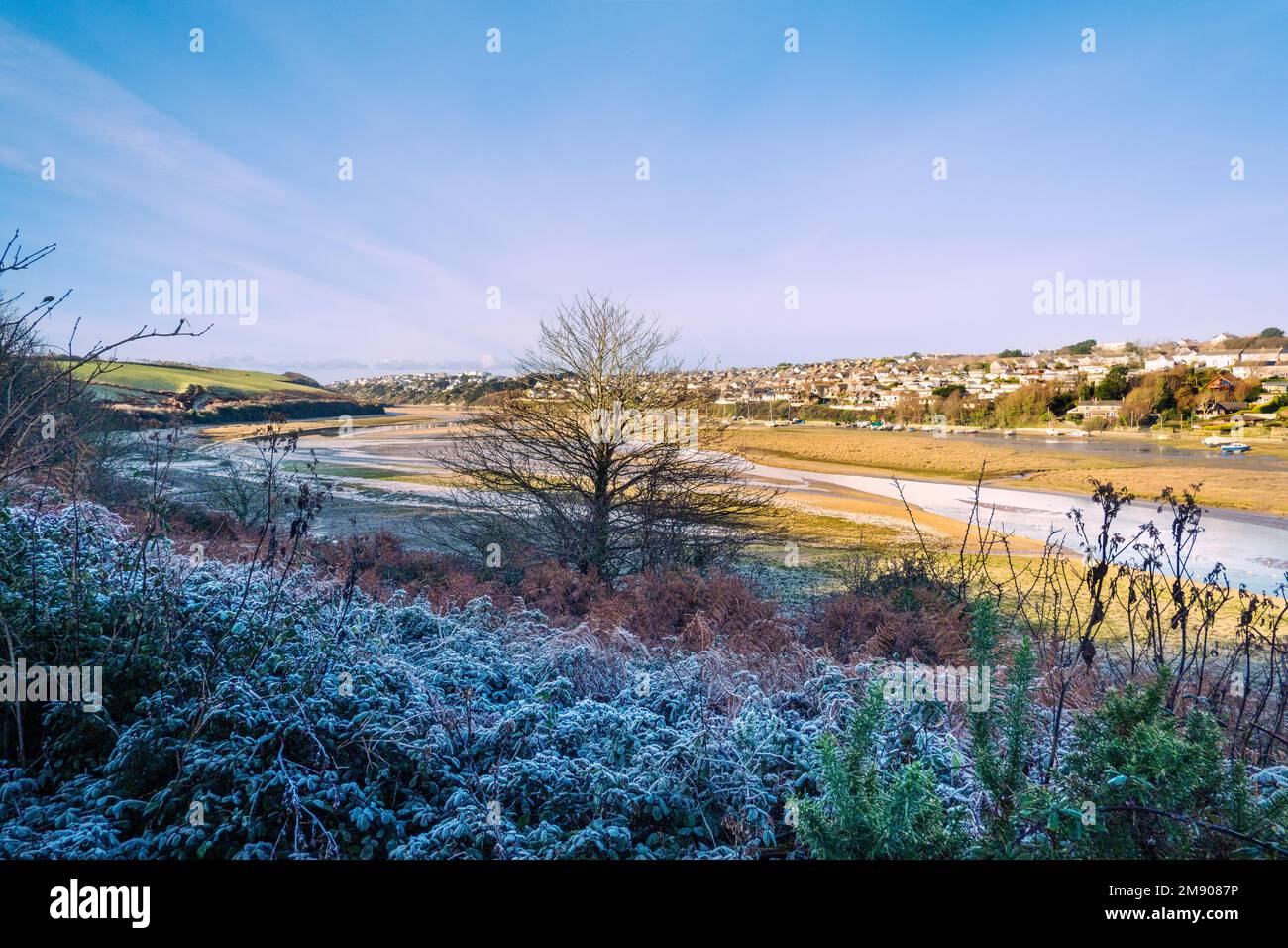 A view of late afternoon light over the Gannel tidal estuary at low ...