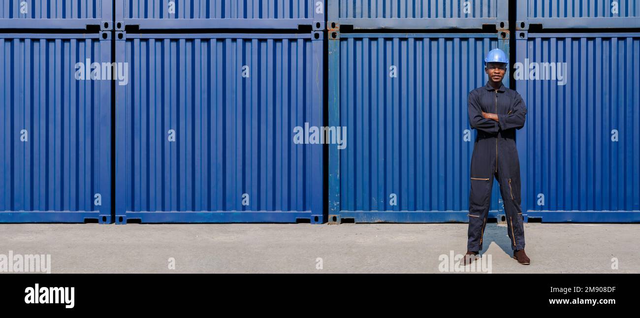 portrait of worker black african american man standing arm cross and ...