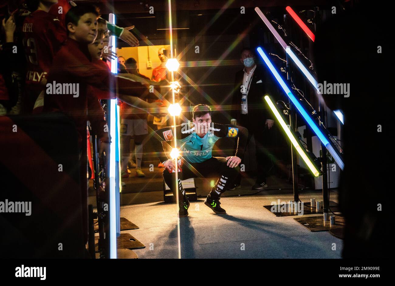 Malmo, Sweden. 15th Jan, 2023. Niklas Landin (1) of Denmark prepares to ...