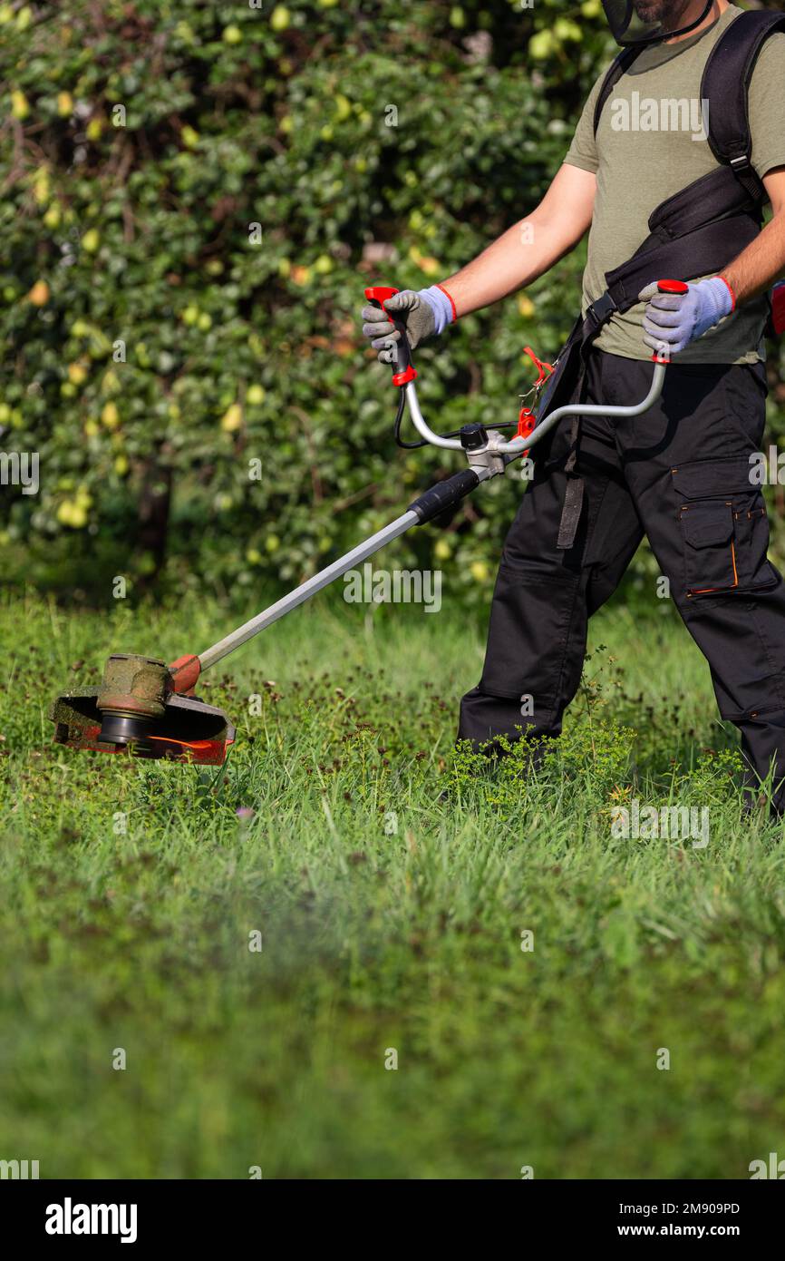 Man mowing the grass at his garden by using string trimmer Stock Photo ...