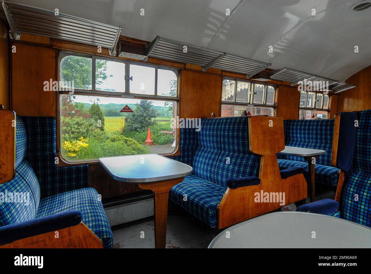 Interior of a vintage 2nd class passenger steam train carriage as part ...