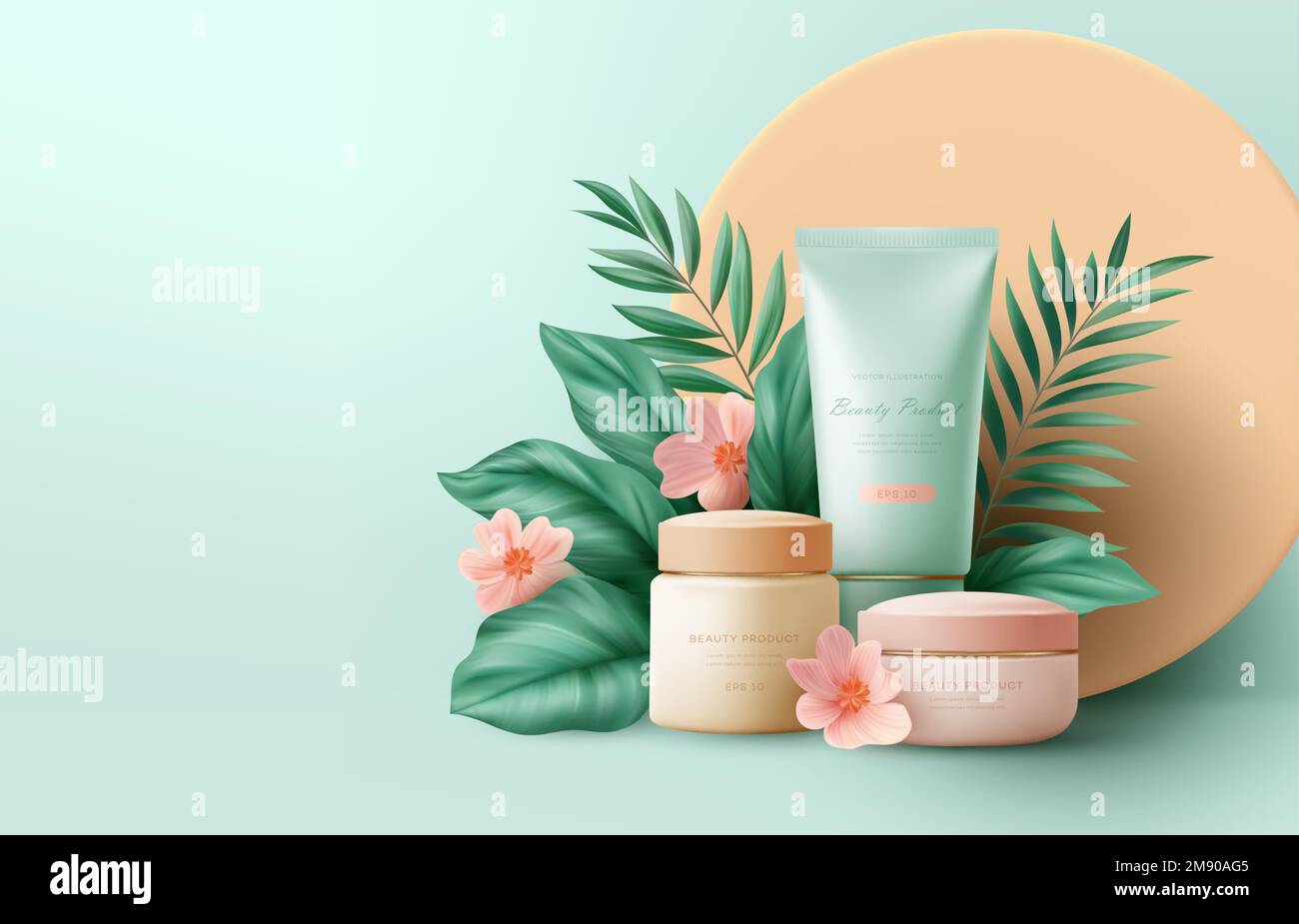 3d realistic scene of Cosmetic Products and Tropical Palm Leaves. Web ...