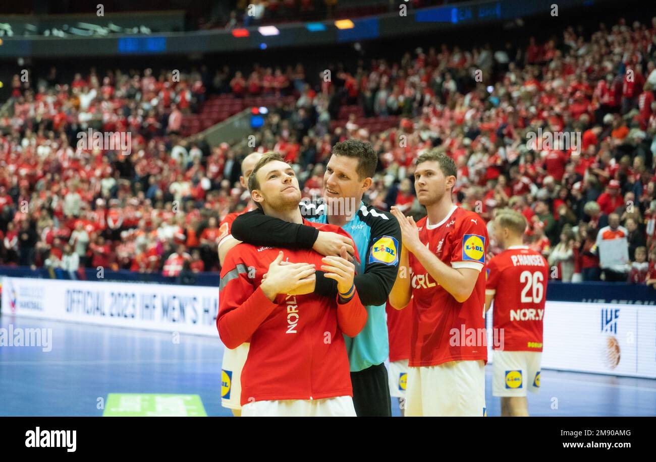 Malmo, Sweden. 15th, January 2023. Mathias Gidsel (19) and Kevin Moller ...