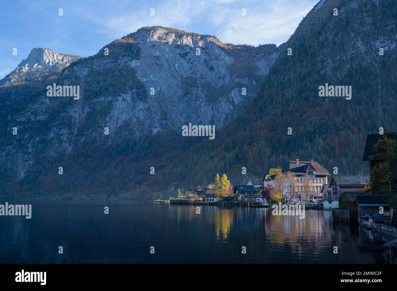 Picturesque view of the lake Hallstatt with beautiful and colorful ...
