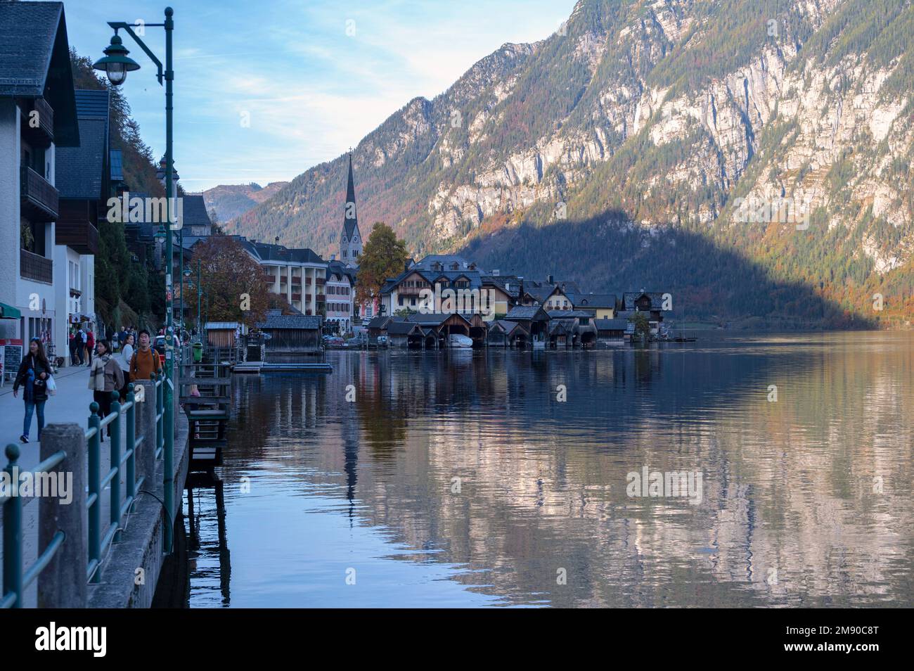 Picturesque view of the lake Hallstatt with beautiful and colorful ...