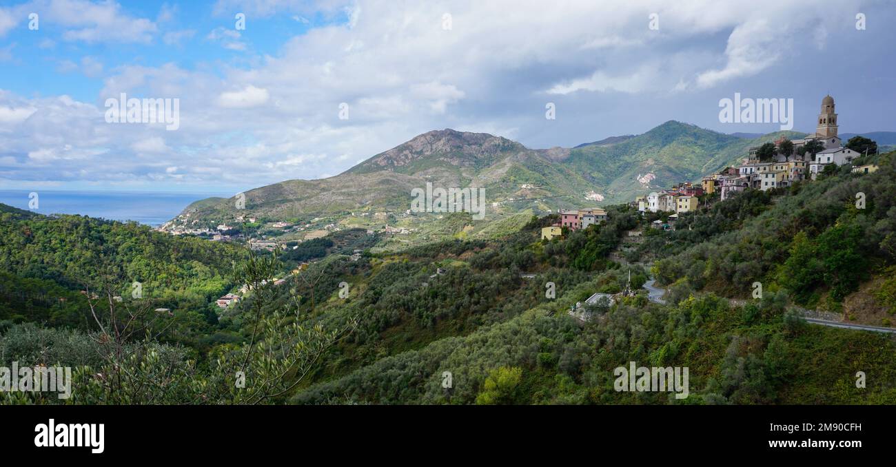 Small historical village in the mountains with church and view to the ...