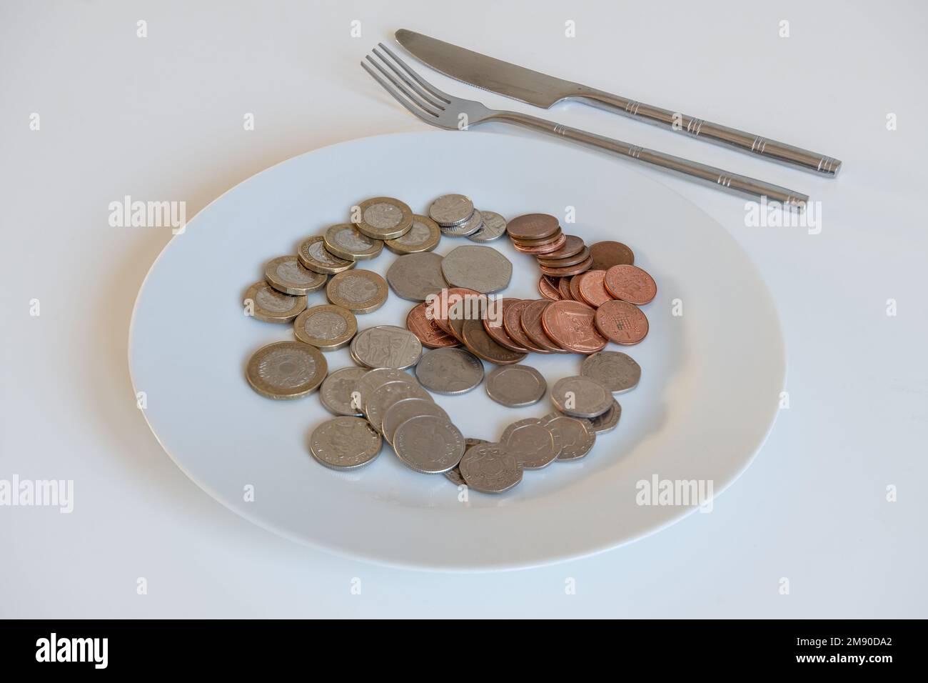 Money on a plate depicting the cost of food isolated on a white ...