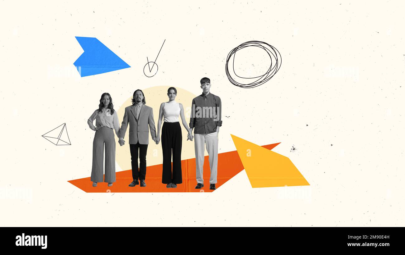 Contemporary art collage. Conceptual design. Well-coordinated teamwork ...