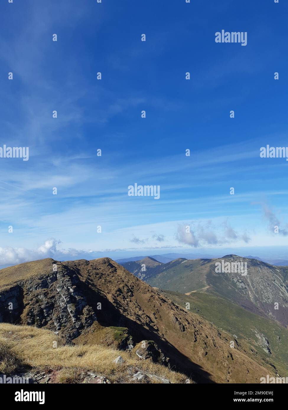 A high-angle of landscape view with mountains against clear sky ...