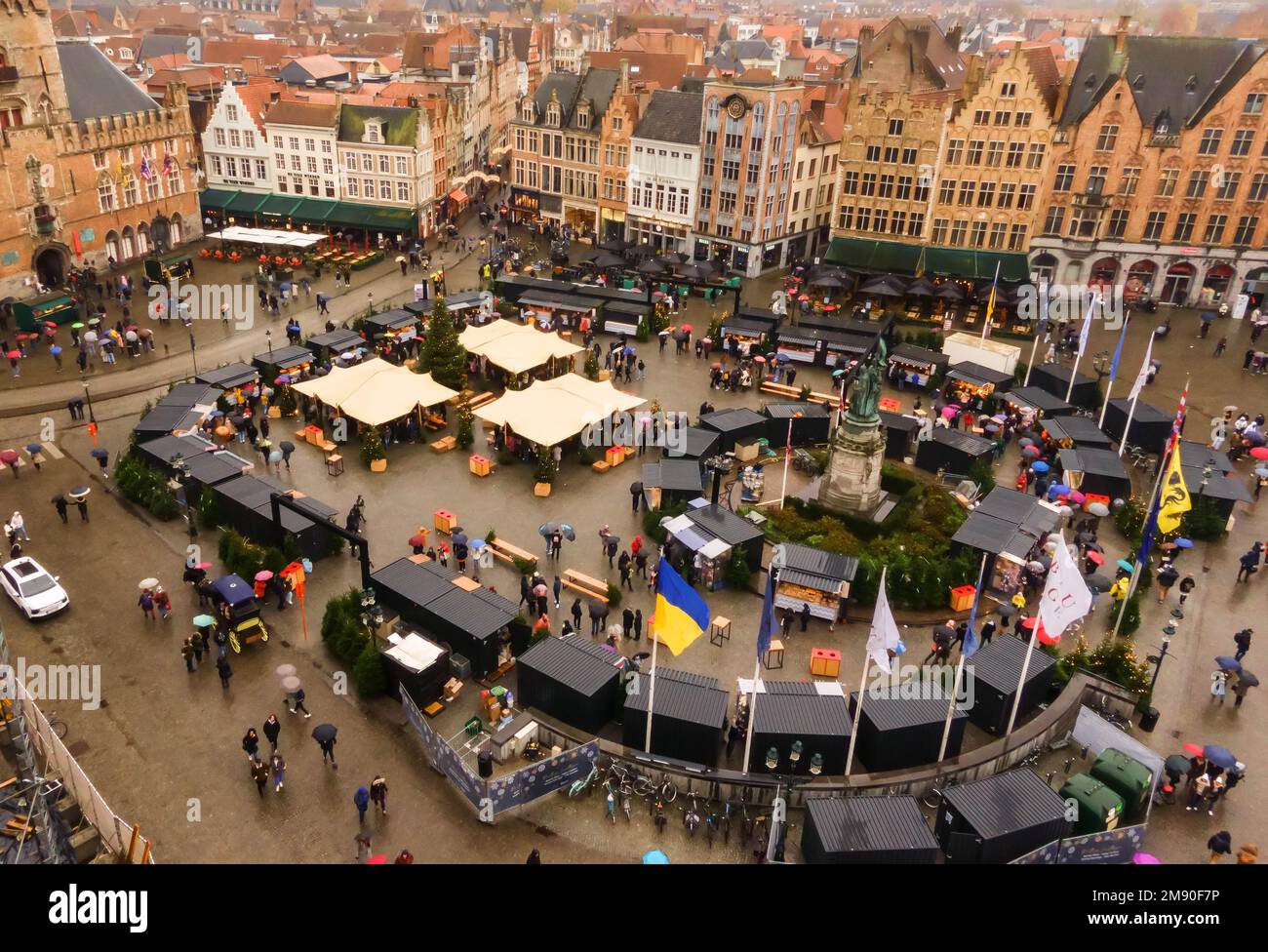 Market square Bruges with It's new style container stalls. Begium ...