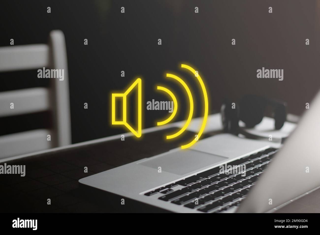 Yellow sound megaphone speaker icon on minimal workplace background ...