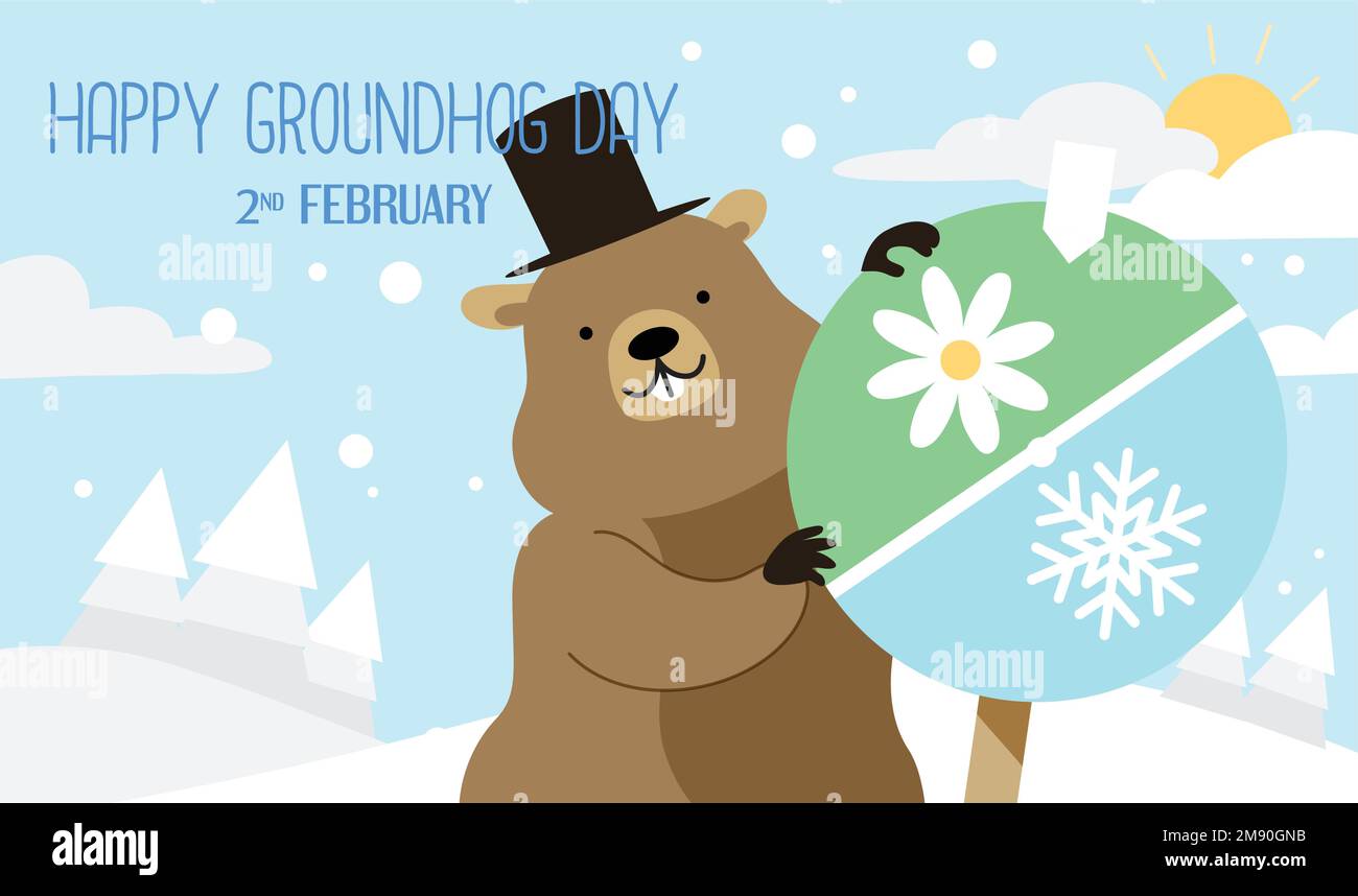 Top hat groundhog choosing between spring and winter on a snowy land ...
