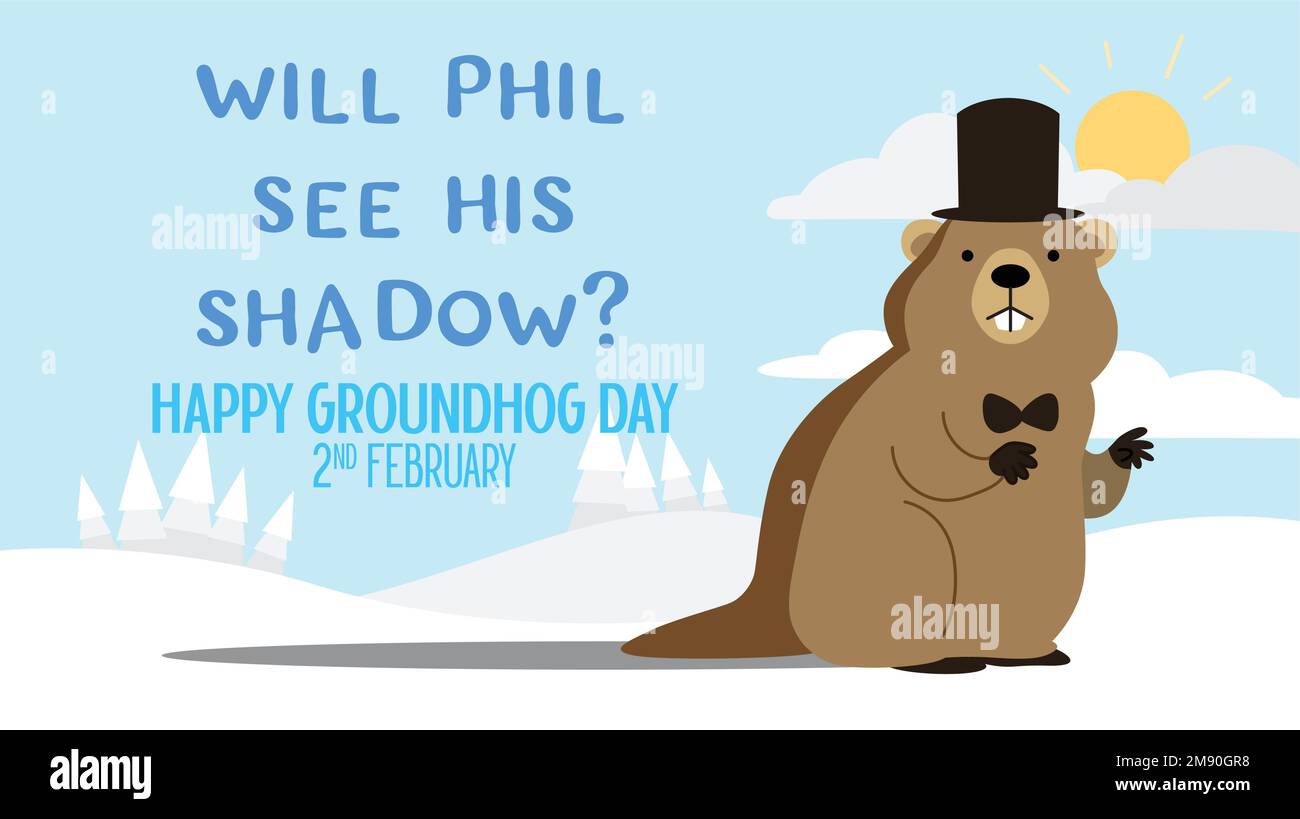 Groundhog Phil wearing a top hat on snowy land with shadow on the ...