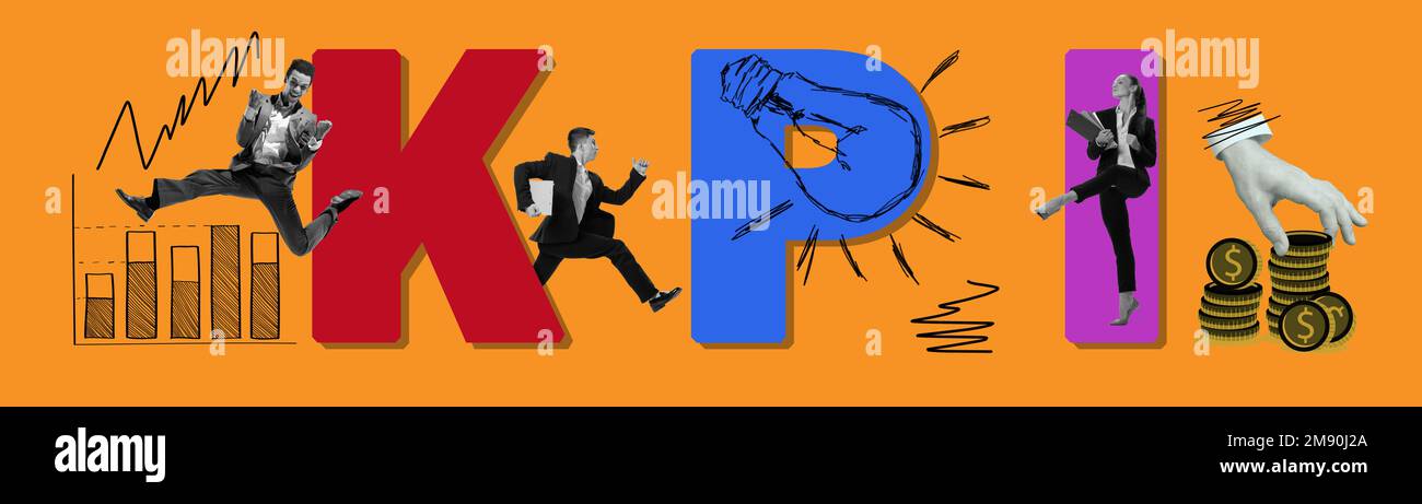 Contemporary art collage. Conceptual flyer. Key performance indicator ...