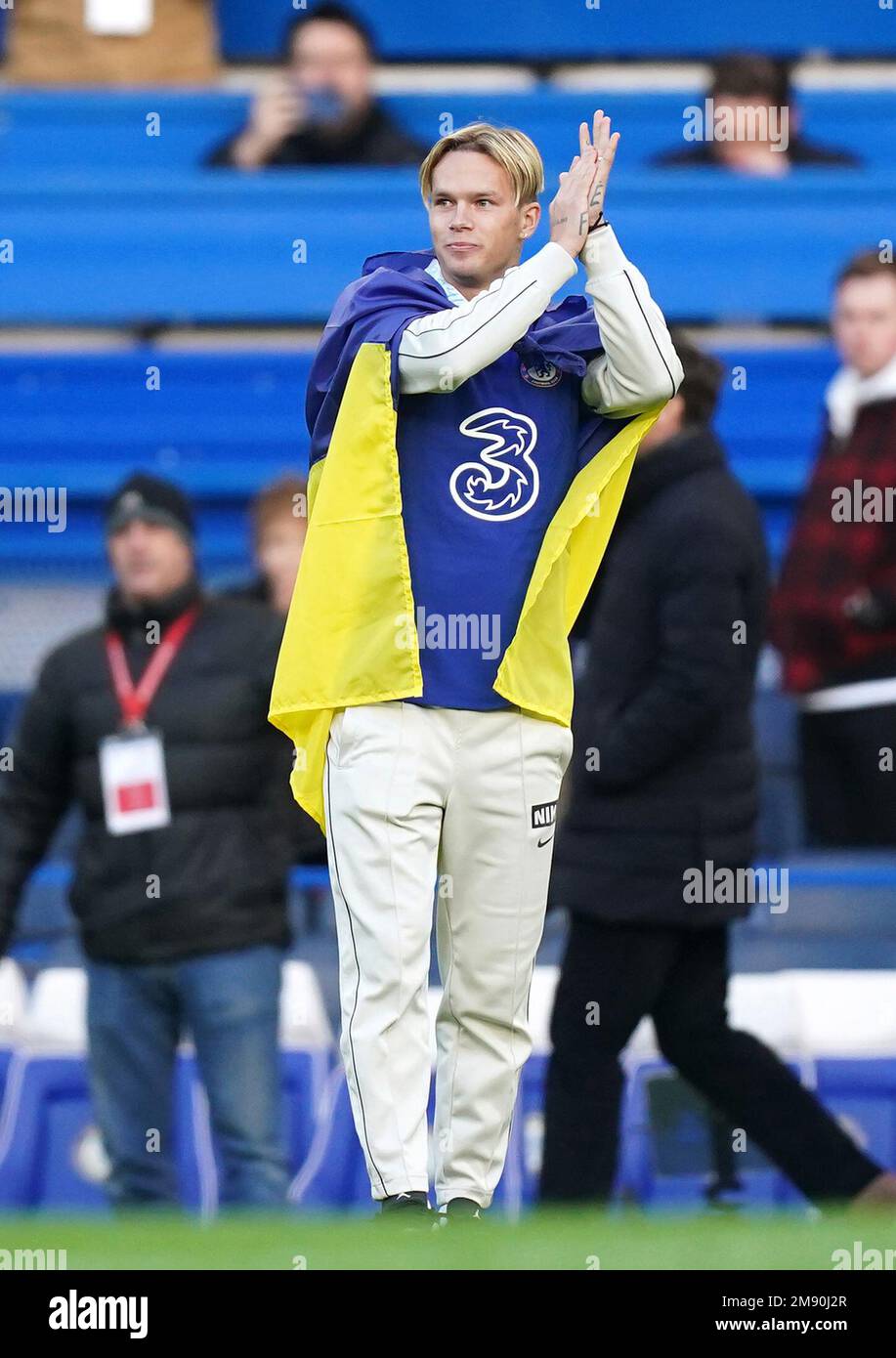 Chelsea new signing Mykhailo Mudryk on the pitch at half-time during ...