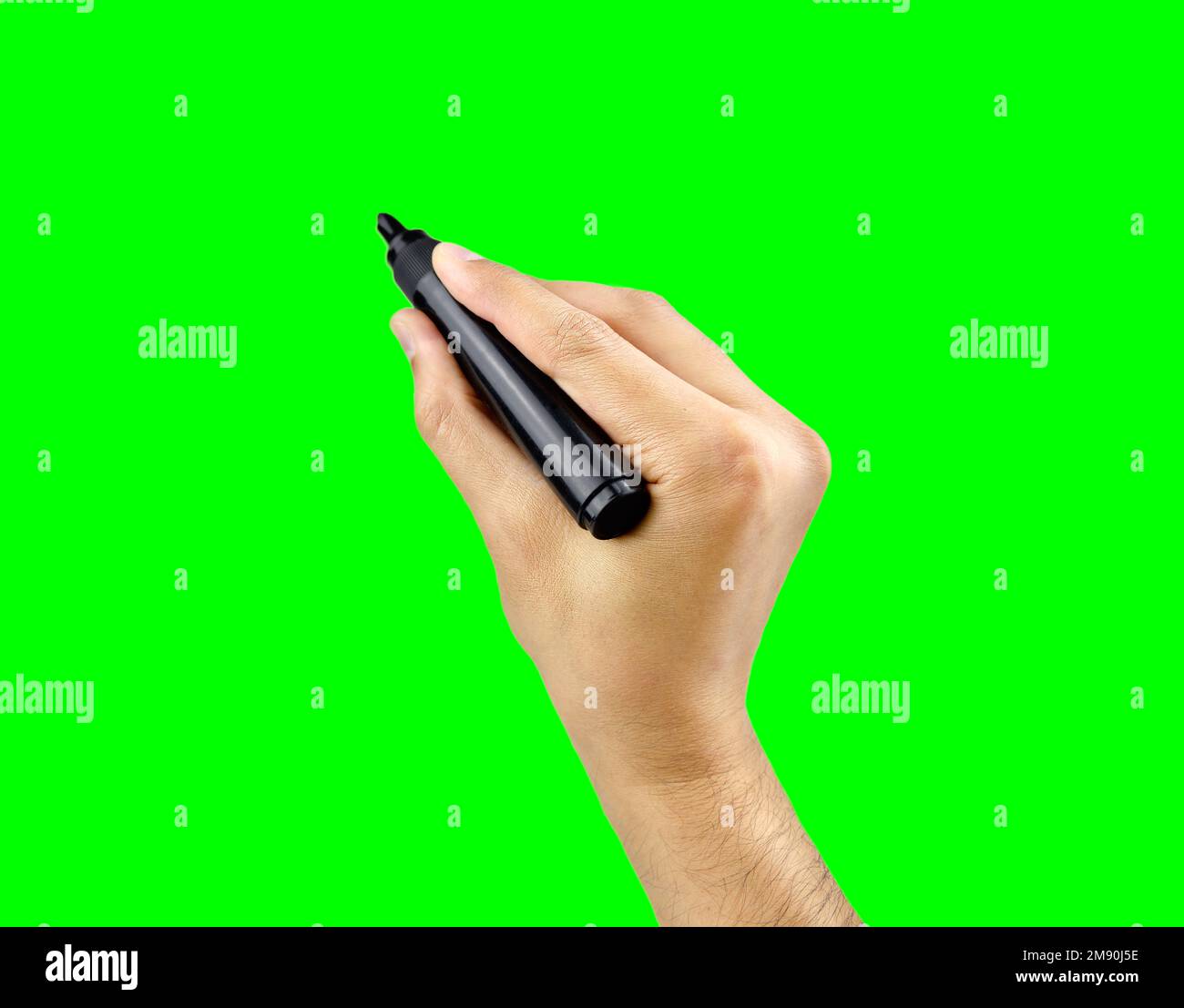 Male hand is ready for drawing with black marker isolated cutout on ...