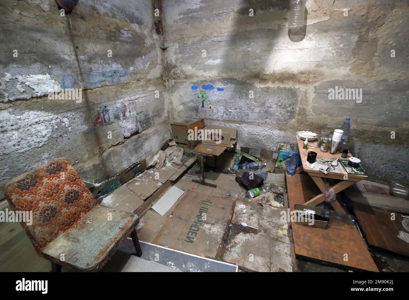 YAHIDNE, UKRAINE - JANUARY 14, 2023 - The school basement where Russian ...