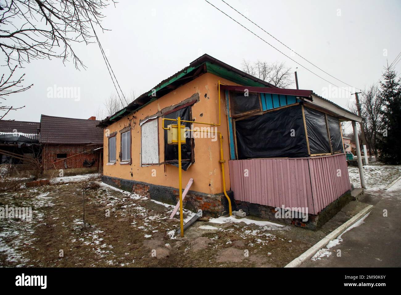 IVANIVKA, UKRAINE - JANUARY 14, 2023 - A house destroyed by the ...