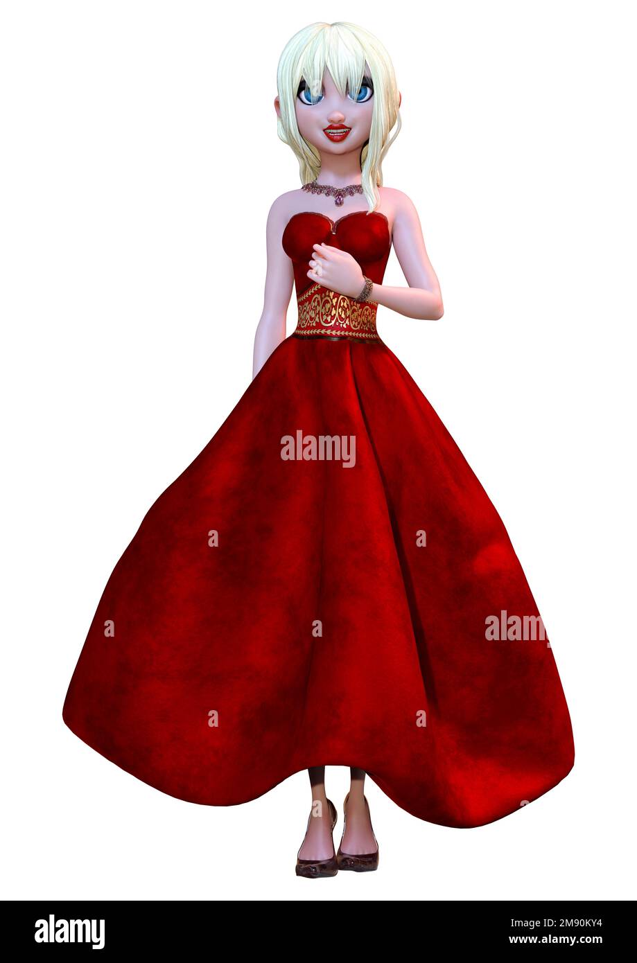 3D rendering of a cartoon fairy tale princess in a red dress isolated ...