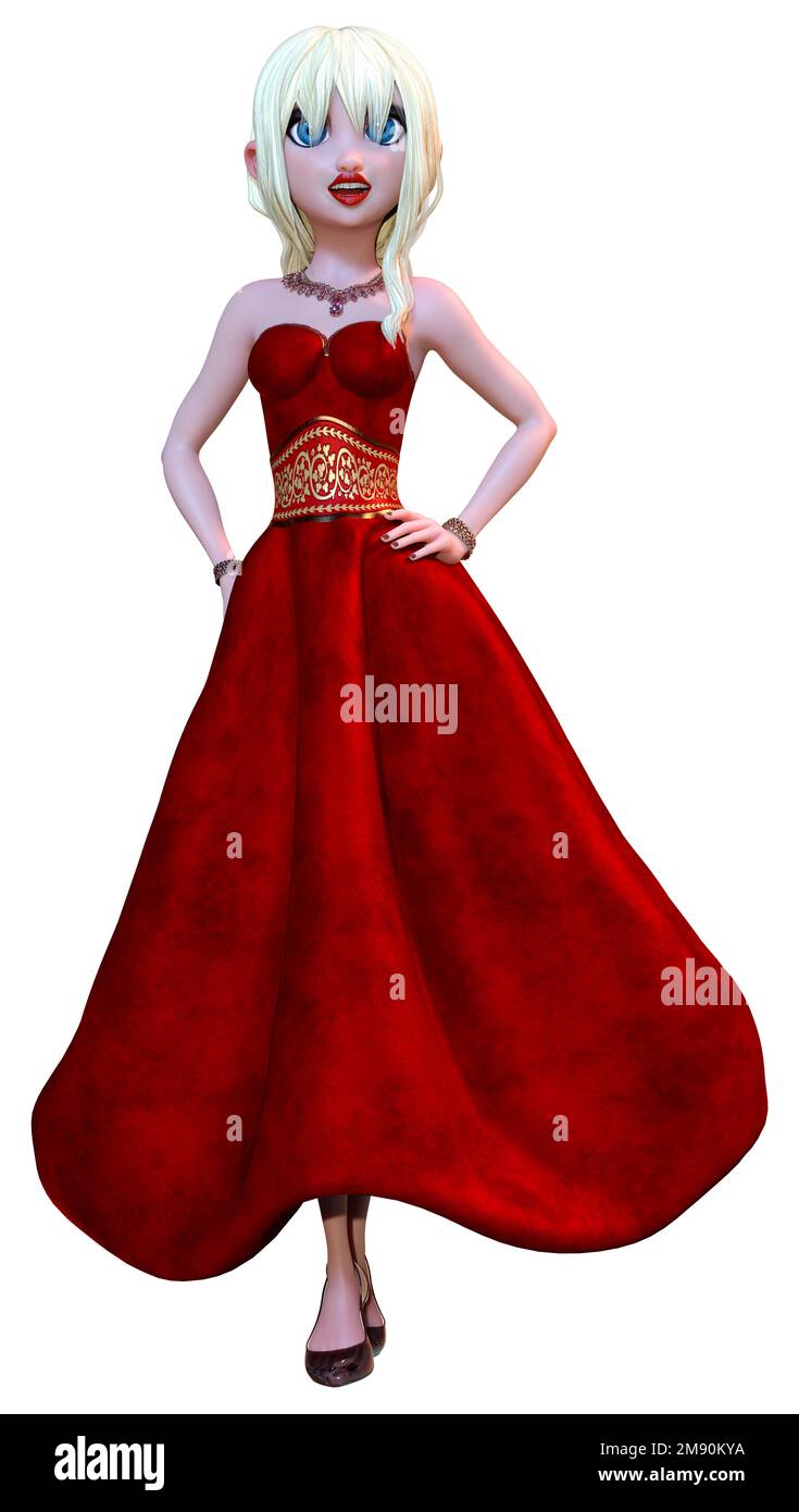 3D rendering of a cartoon fairy tale princess in a red dress isolated ...