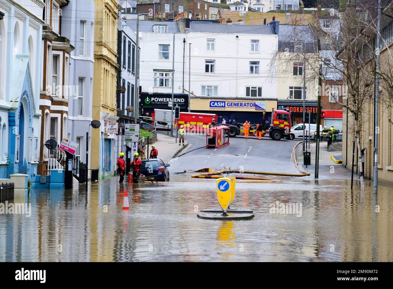 Hastings, East Sussex, 16 January 2023. Heavy rain and blocked storm ...