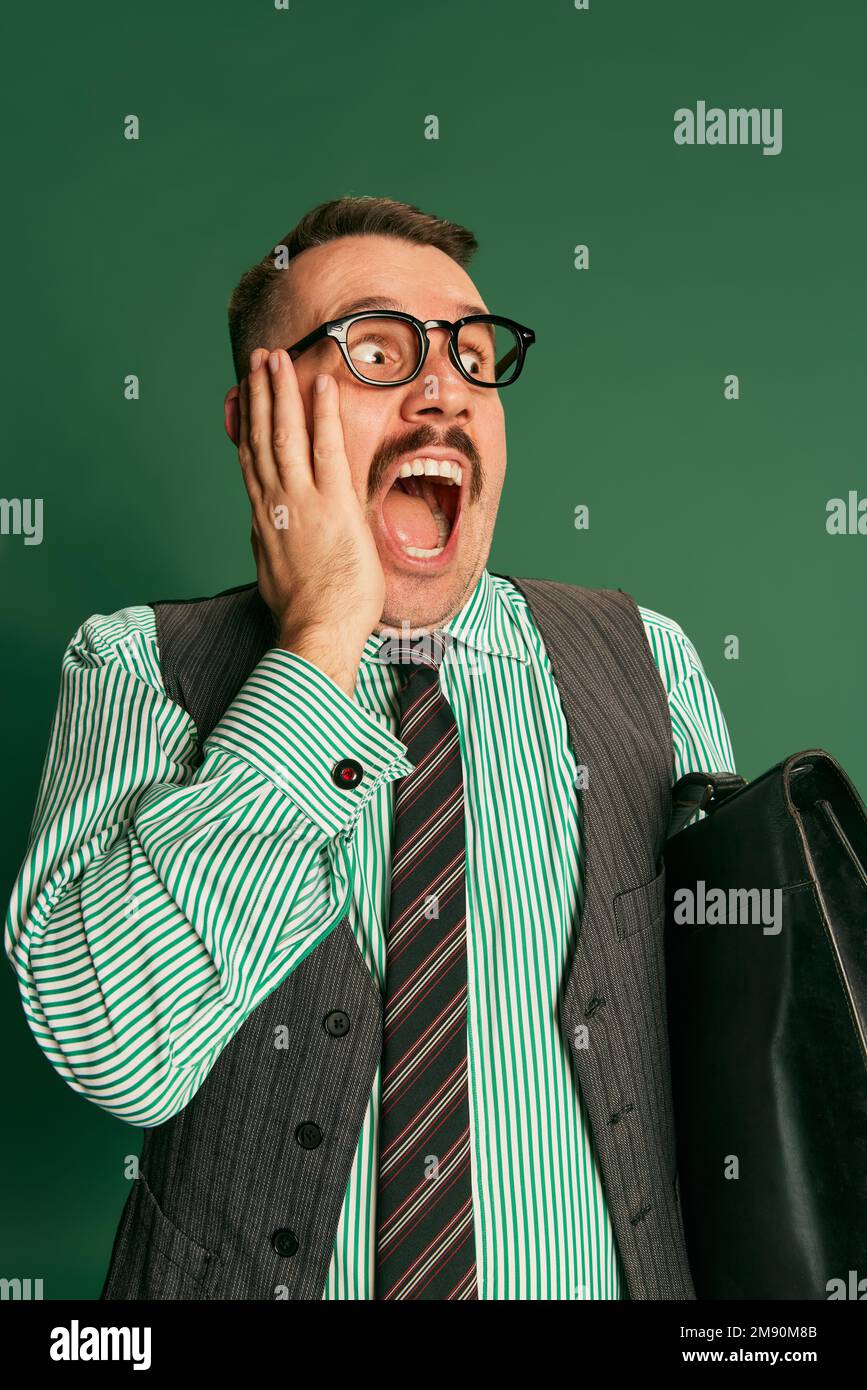 Shocked face. Portrait of man, emotive employee in classical suit ...