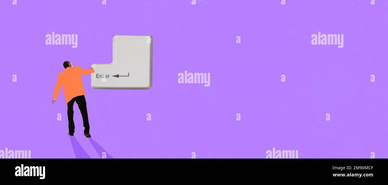 Contemporary art collage. Man pushing on huge keyboard button enter ...
