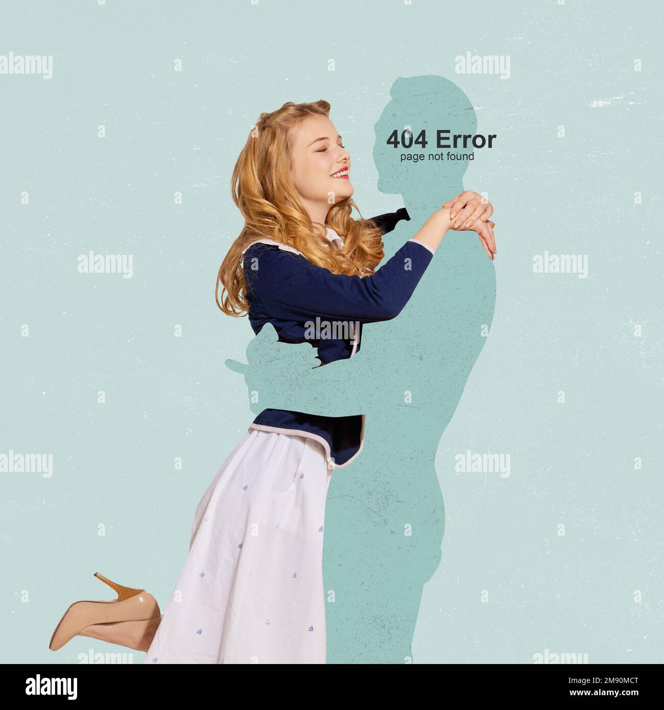 Contemporary art collage. Beautiful girl hugging man's shadow with ...