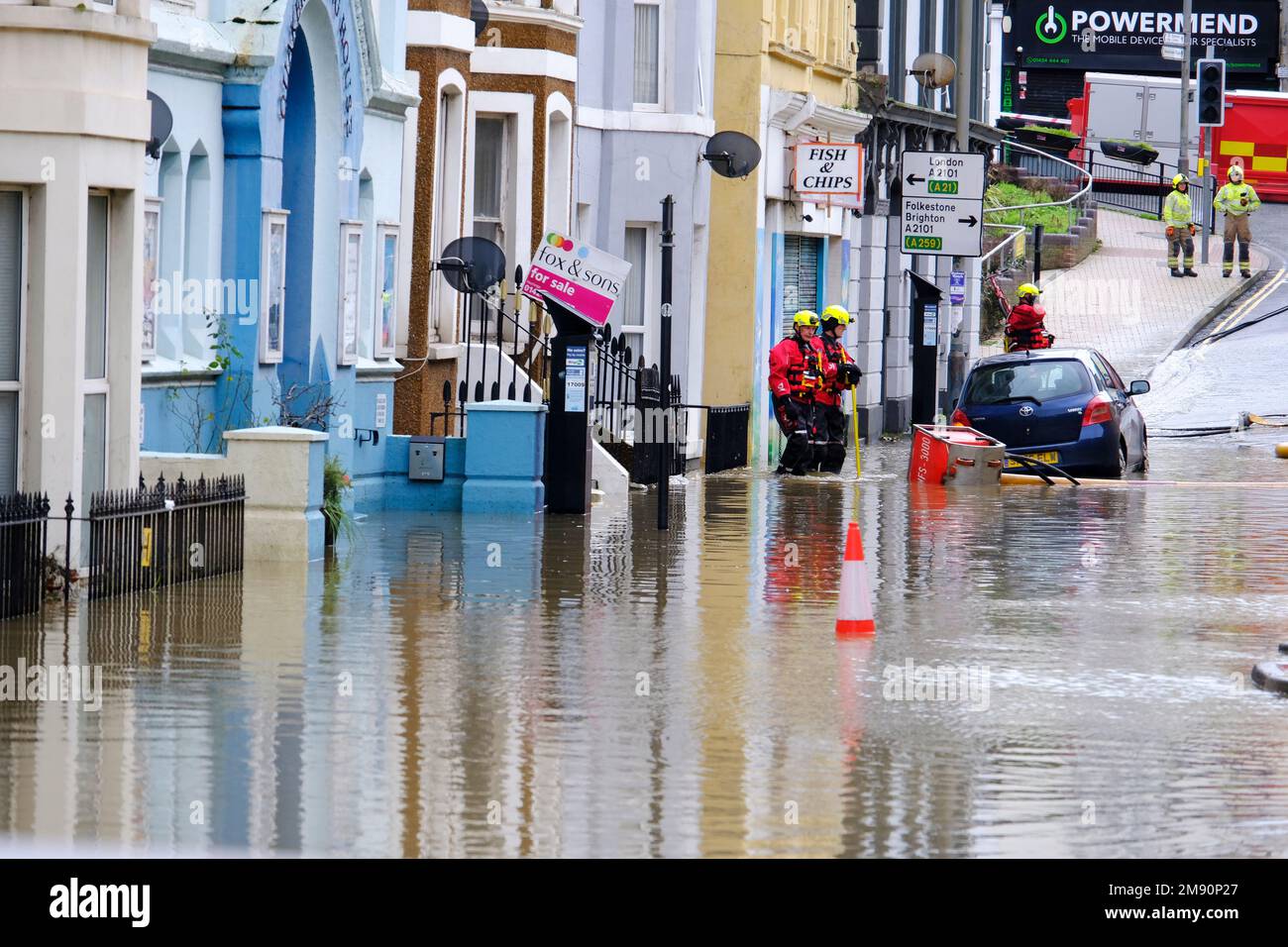 Hastings, East Sussex, 16 January 2023. Heavy rain and blocked storm ...