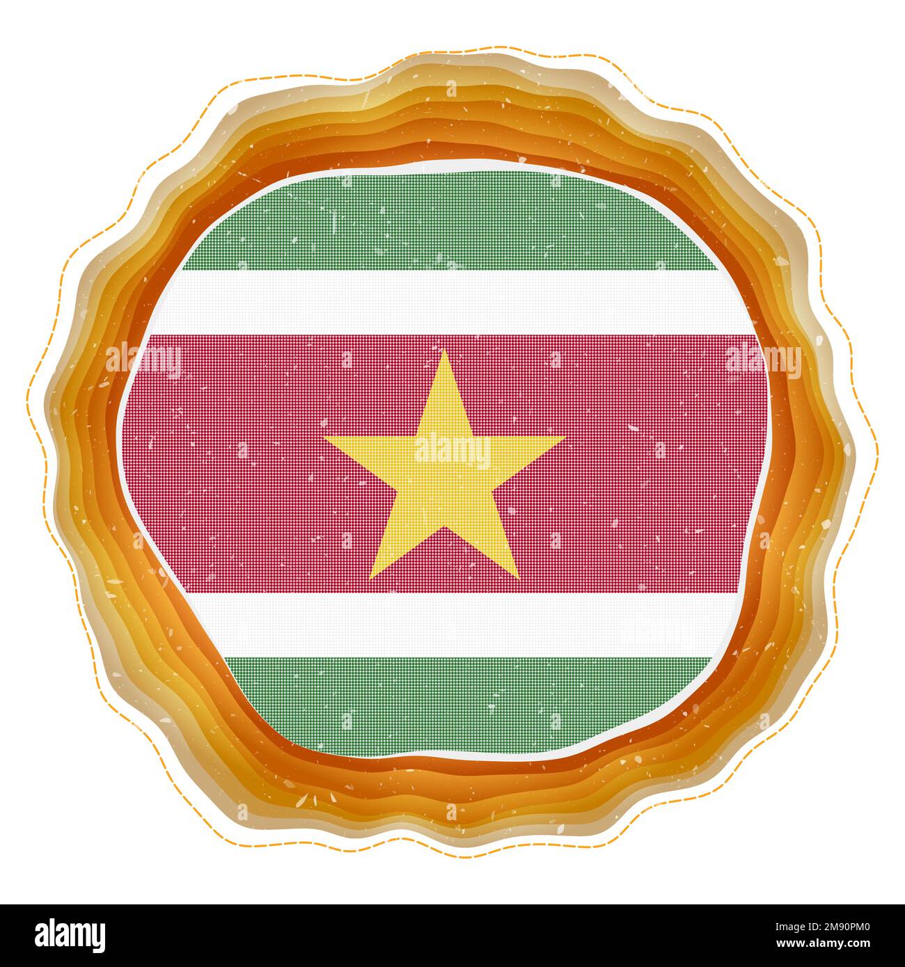 Suriname flag in frame. Badge of the country. Layered circular sign around Suriname flag ...