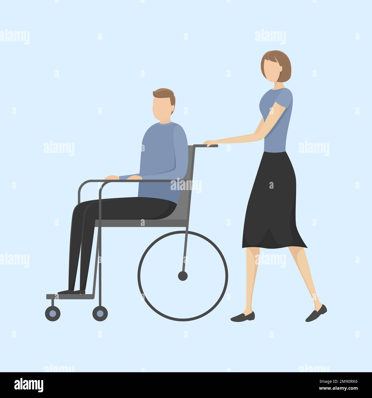 Woman helping person with disability in wheelchair. Vector illustration ...