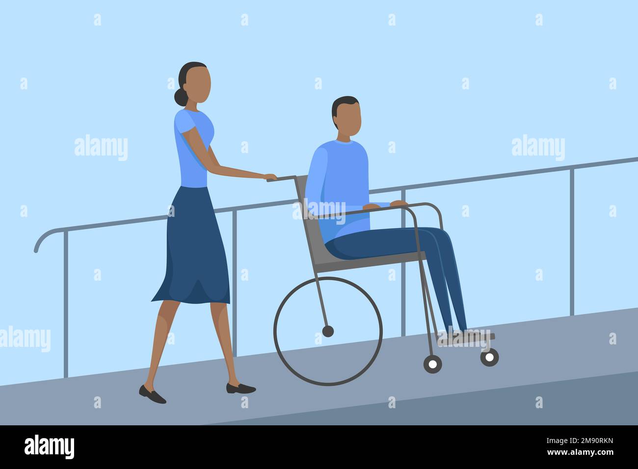 Aide pushing wheelchair with person with disability on ramp. Vector illustration Stock Vector ...