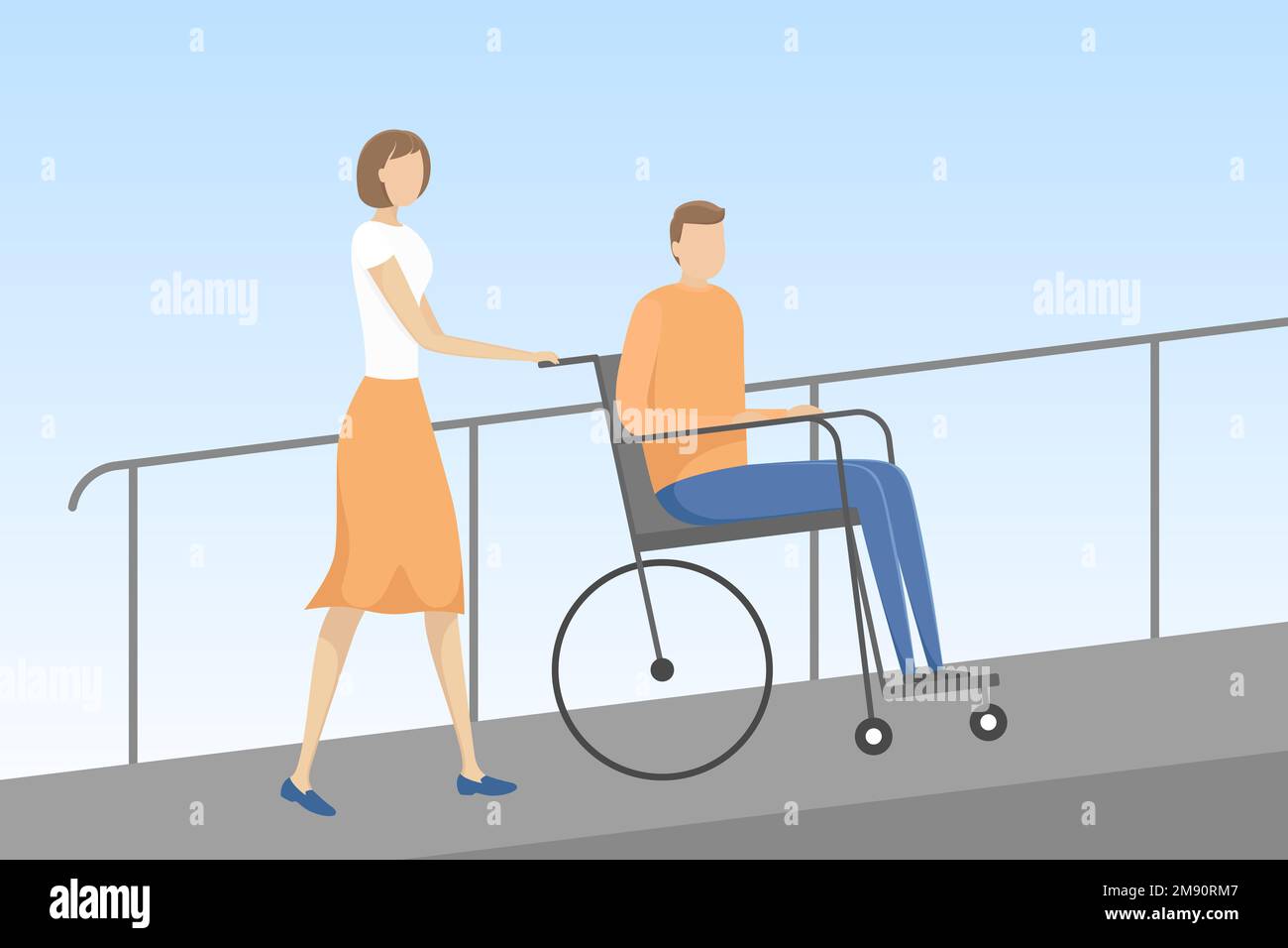 Helper pushing wheelchair with person with disability on ramp. Vector ...