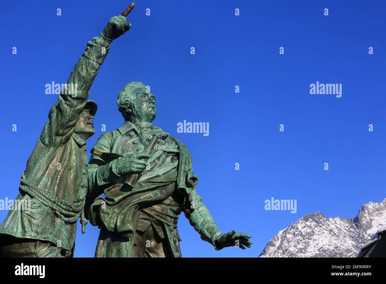Horace-Benedict de Saussure and Jacques Balmat (left) points towards ...