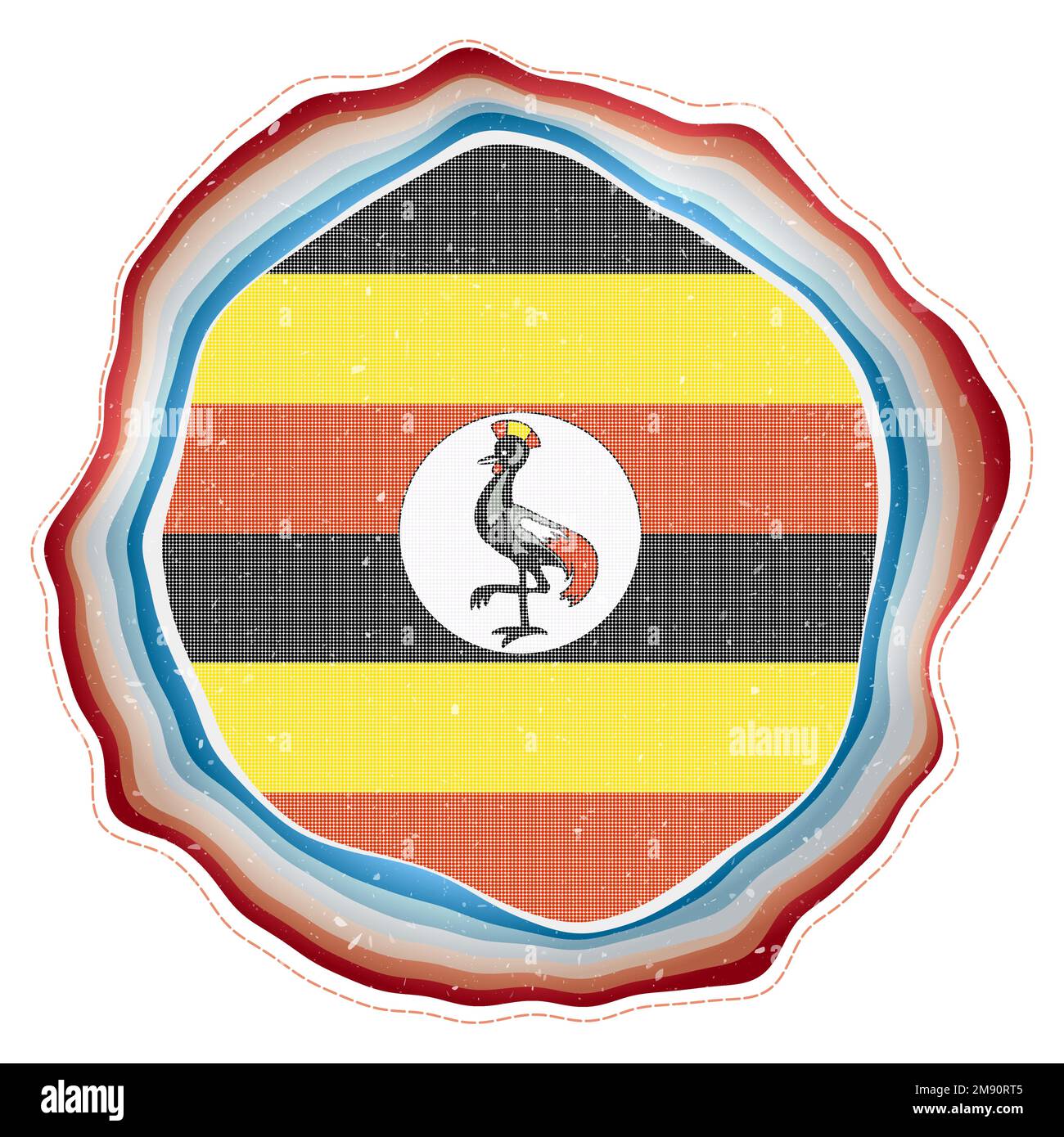 Uganda flag in frame. Badge of the country. Layered circular sign around Uganda flag. Attractive ...