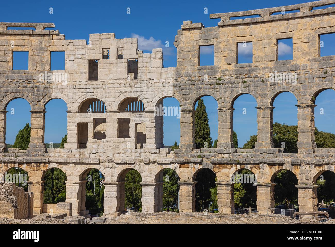 Inner side of the walls in the amphitheater of Pula seen from the ...
