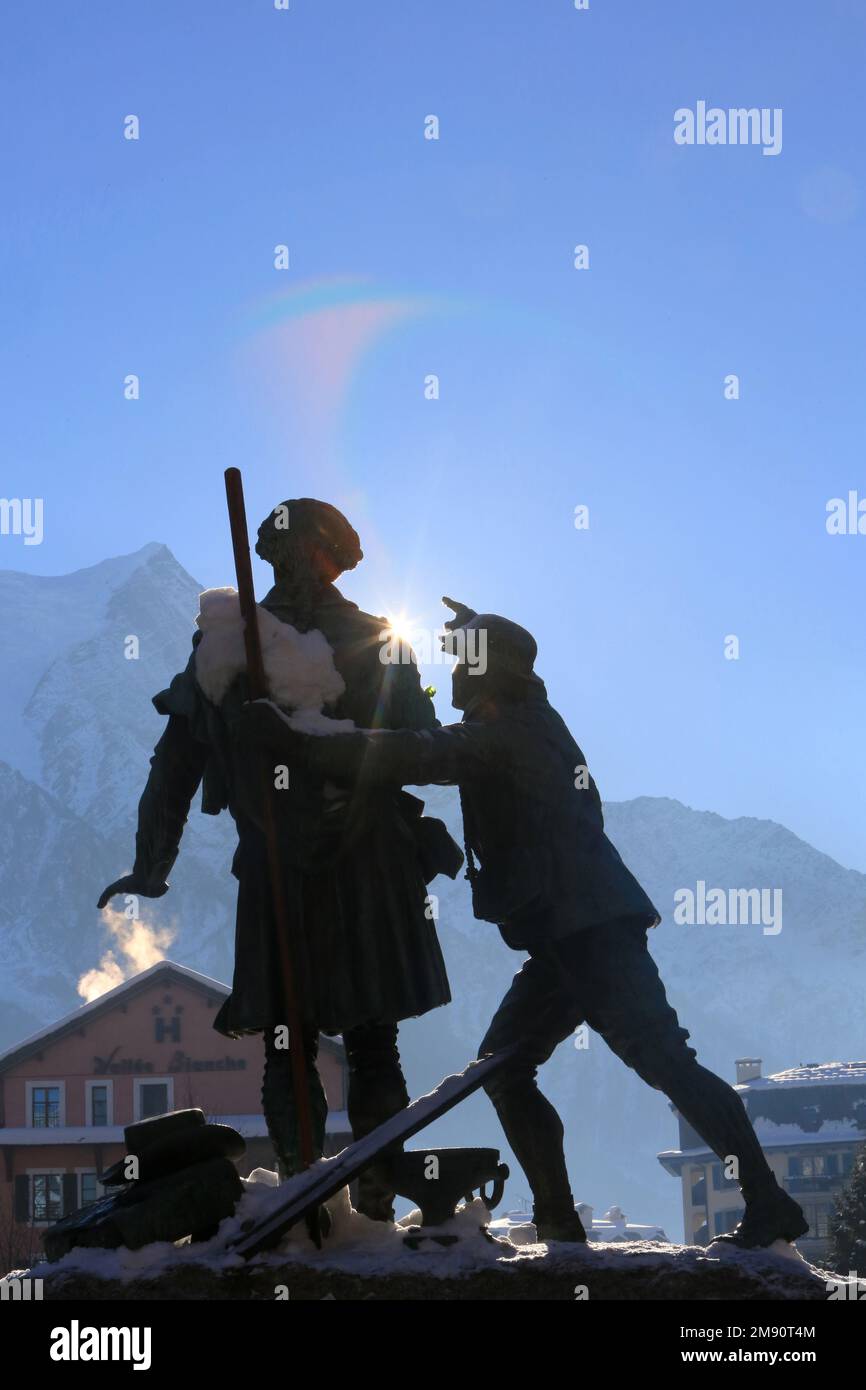 Horace-Benedict de Saussure and Jacques Balmat (right) points towards ...