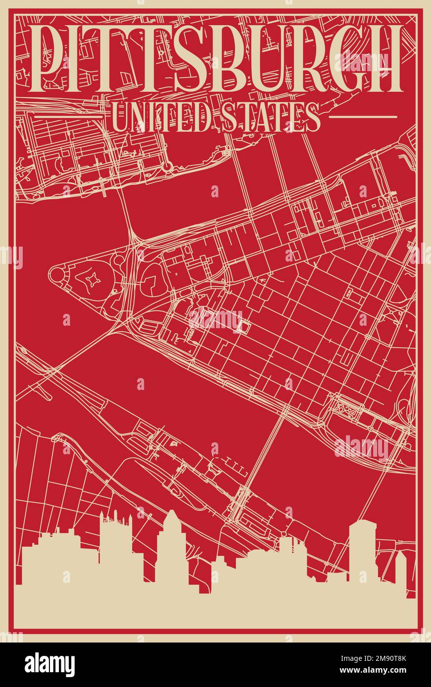 Road network poster of the downtown PITTSBURGH, UNITED STATES OF ...