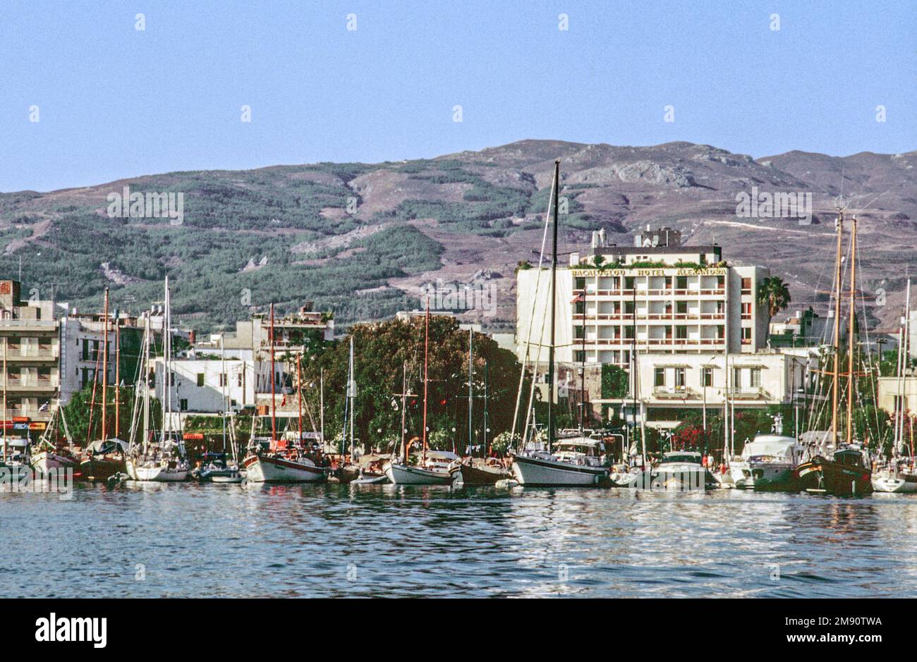 Scanned image of harbour at Kos 1985. The Hotel Alexandra is prominent ...