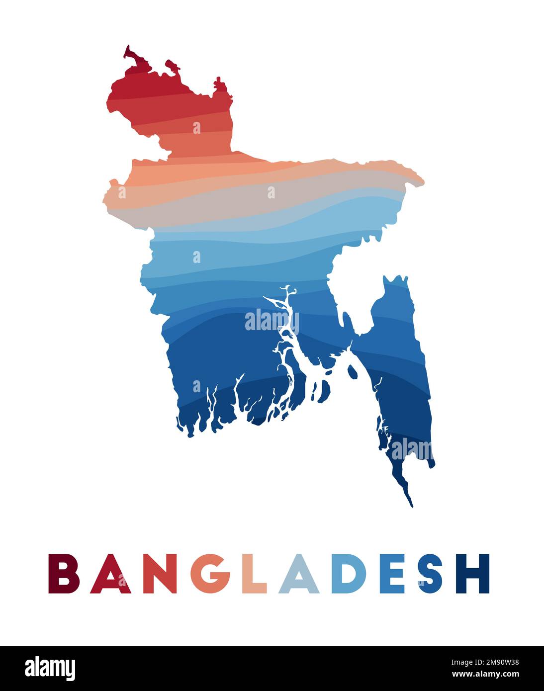 Bangladesh map. Map of the country with beautiful geometric waves in red and blue colors. Vivid ...
