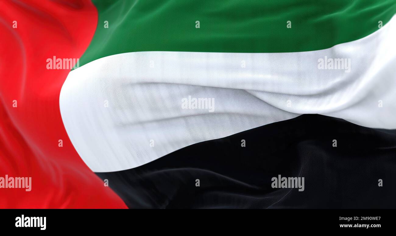 Close-up view of the United Arab Emirates national flag waving in the ...