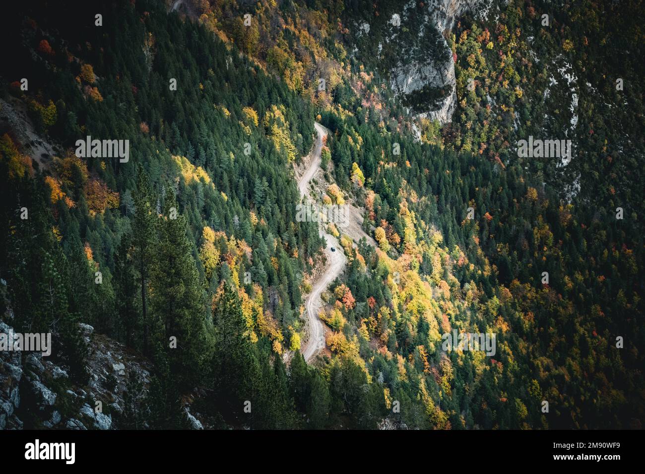 an aerial shot of a Rural road with a car in transit surrounded by a ...
