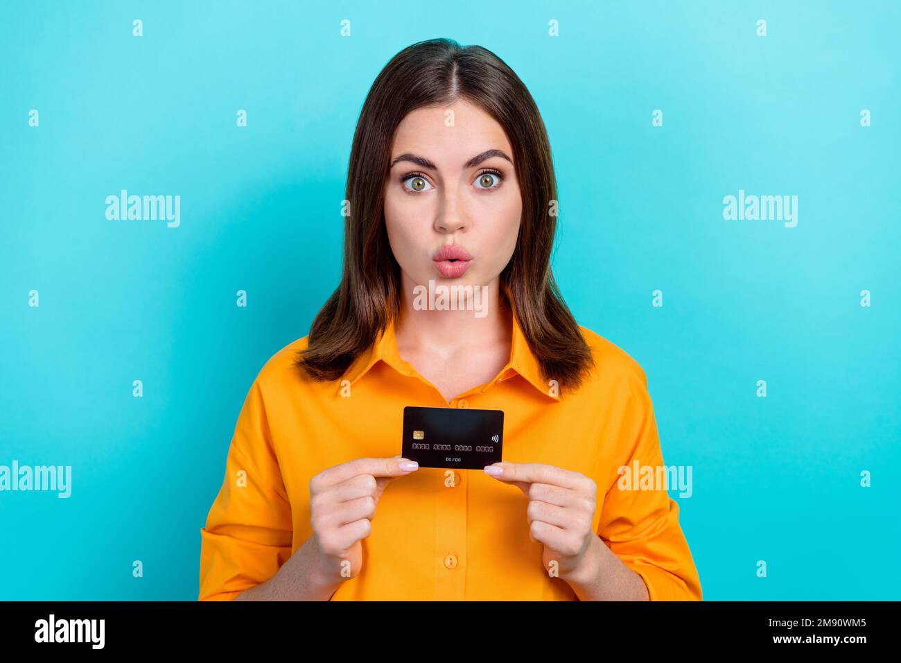 Photo of lovely nice impressed woman with straight hairdo wear yellow ...
