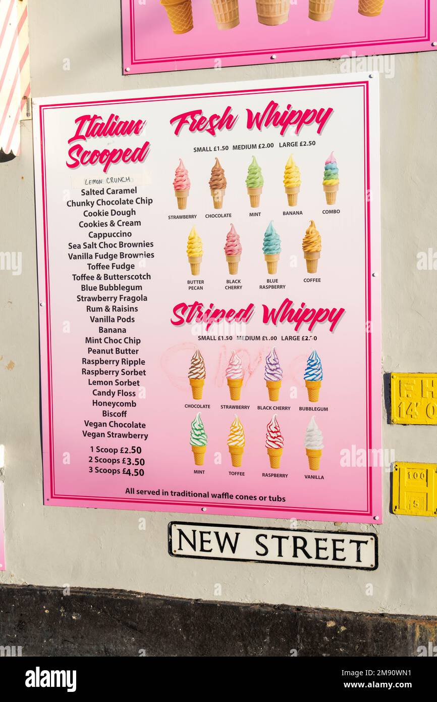 Sign on a wall listing various Italian flavours of ice cream Stock ...