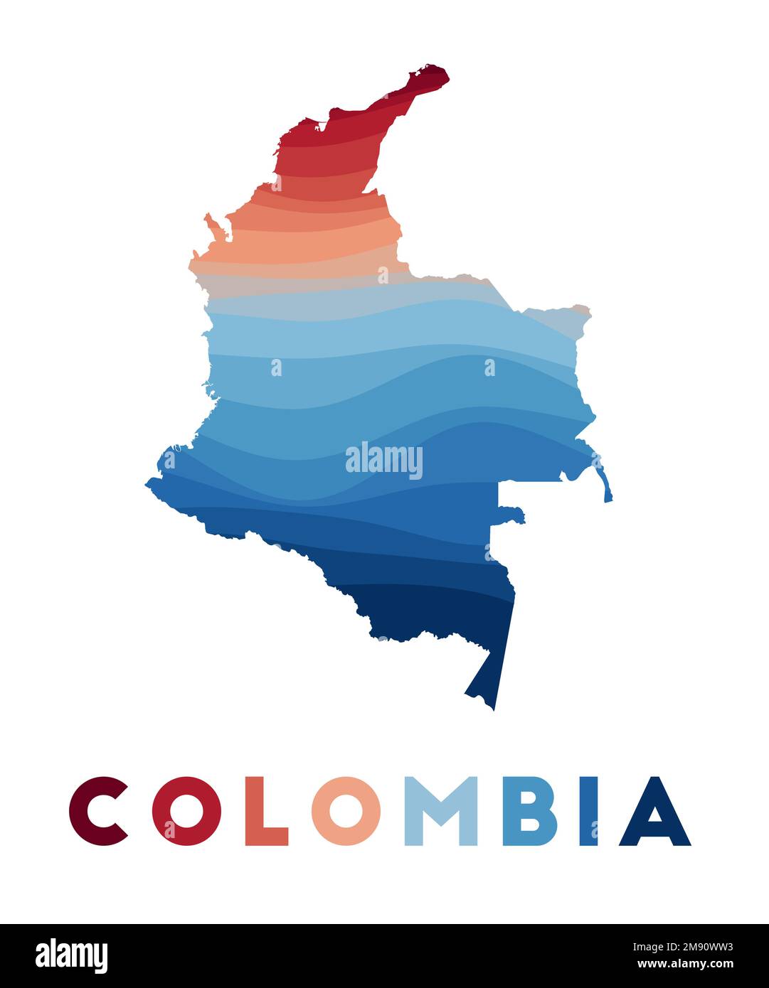 Colombia map. Map of the country with beautiful geometric waves in red ...
